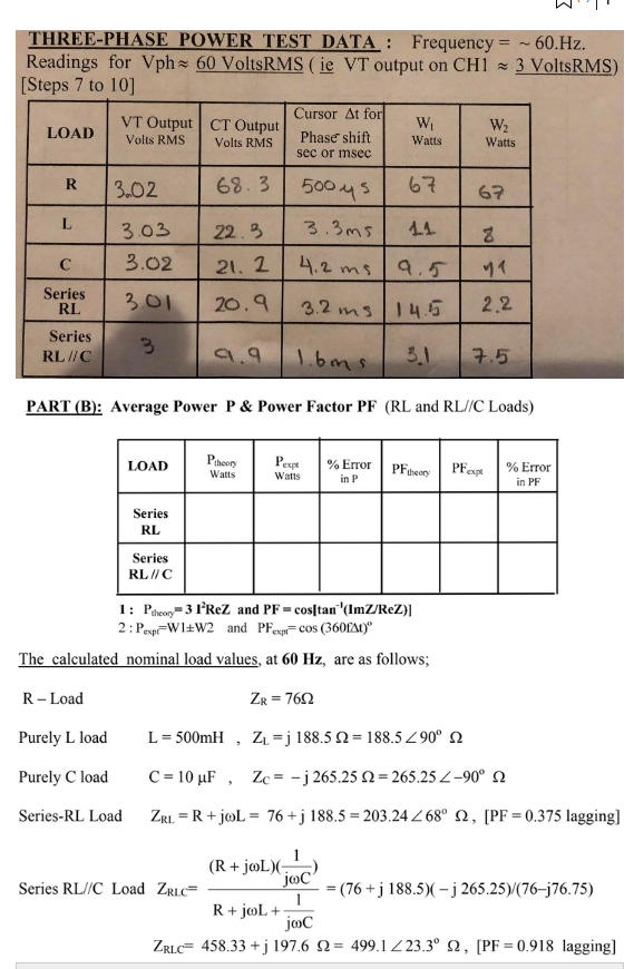 Solved THREE-PHASE POWER TEST DATA : Frequency =∼60.Hz. | Chegg.com