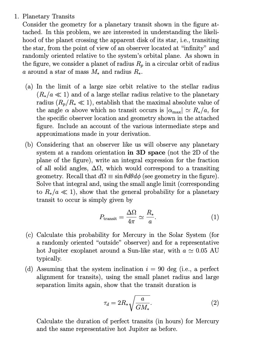 Solved 1. Planetary Transits Consider the geometry for a | Chegg.com