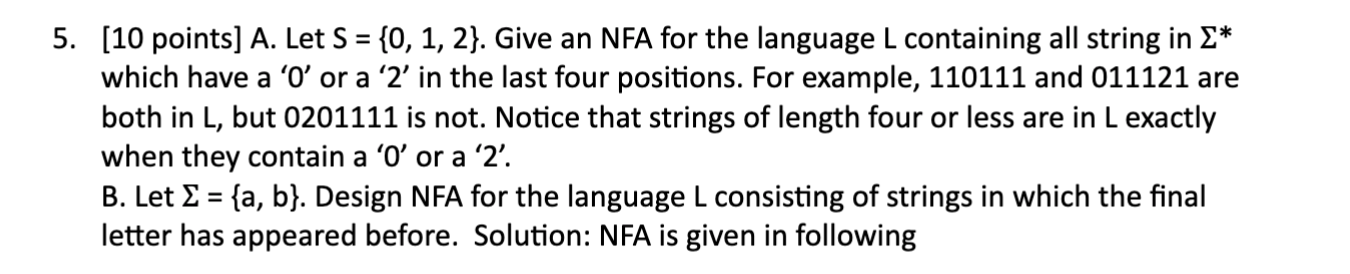 Solved A. ﻿Let S = {0, 1, 2}. ﻿Give an NFA for the language | Chegg.com