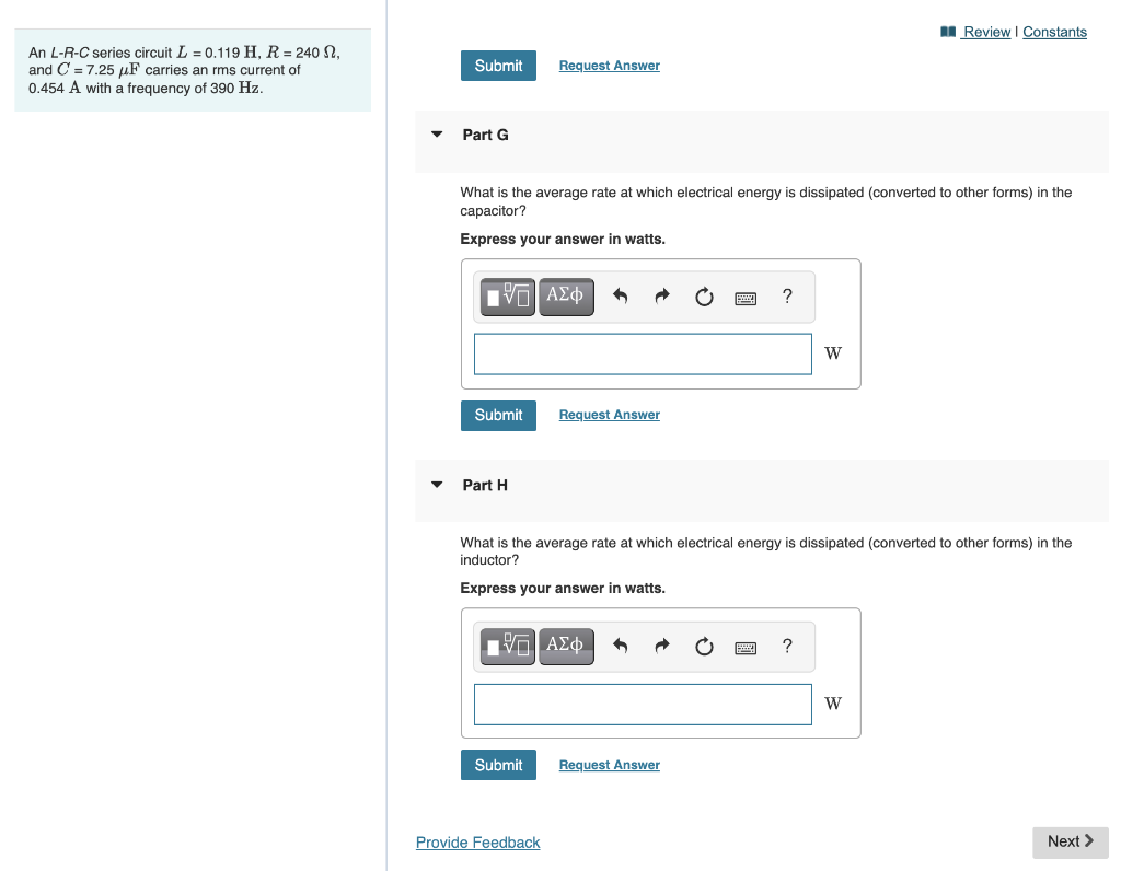 Solved Review Constants An L-R-C series circuit L = 0.119 H, | Chegg.com