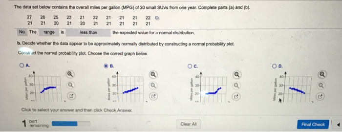 Solved The data set below contains the overall miles per | Chegg.com