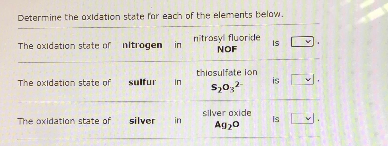 Solved Determine the oxidation state for each of the | Chegg.com