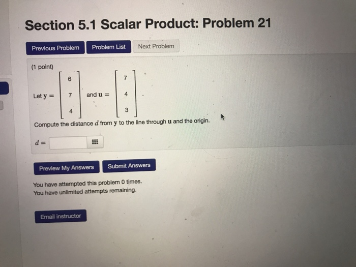 Solved Section 5.1 Scalar Product: Problem 20 (1 point) Find | Chegg.com