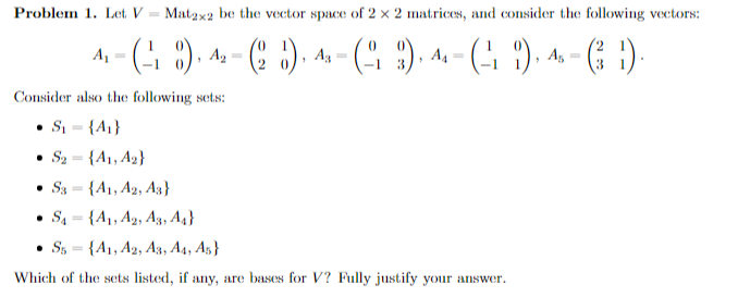 Solved Problem 1. Let V=Mat2×2 be the vector space of 2×2 | Chegg.com