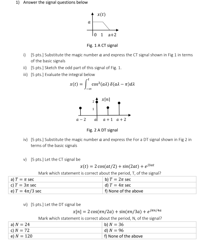 Solved 1) Answer the signal questions below x(t) a 0 1 a+2 | Chegg.com
