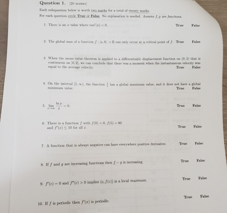 Solved Question 1. [20 MARKS Each subquestion below is worth | Chegg.com