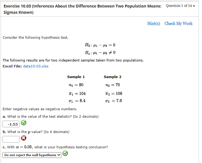 Solved Exercise 10.03 (Inferences About the Difference | Chegg.com