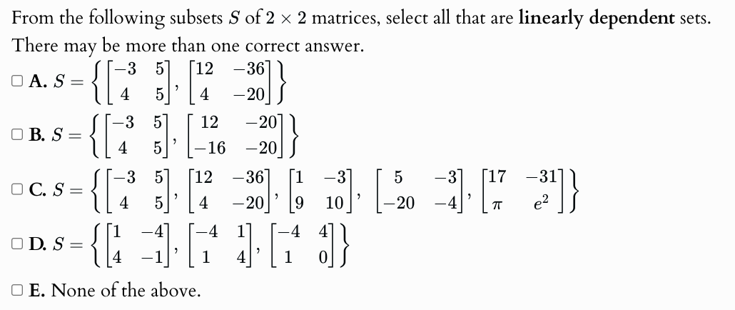 Solved From the following subsets S ﻿of 2×2 ﻿matrices, | Chegg.com