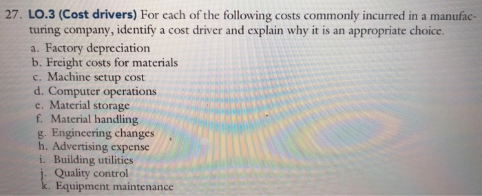 Solved 27. LO.3 (Cost drivers) For each of the following | Chegg.com