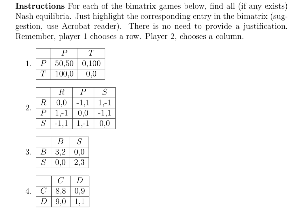 Solved Instructions For each of the bimatrix games below, | Chegg.com