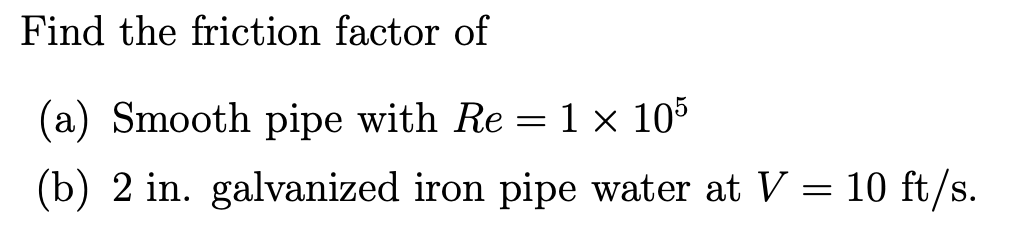 Solved Find the friction factor of (a) Smooth pipe with Re = | Chegg.com