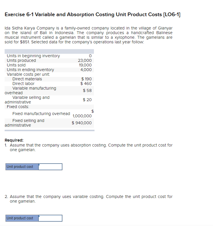 Solved Exercise 6-1 Variable and Absorption Costing Unit | Chegg.com