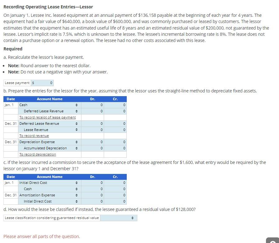 Recording Operating Lease Entries-Lessor On January | Chegg.com