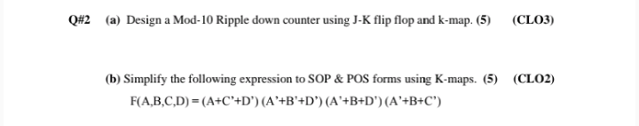 Q#2 (a) Design a Mod-10 Ripple down counter using J-K | Chegg.com