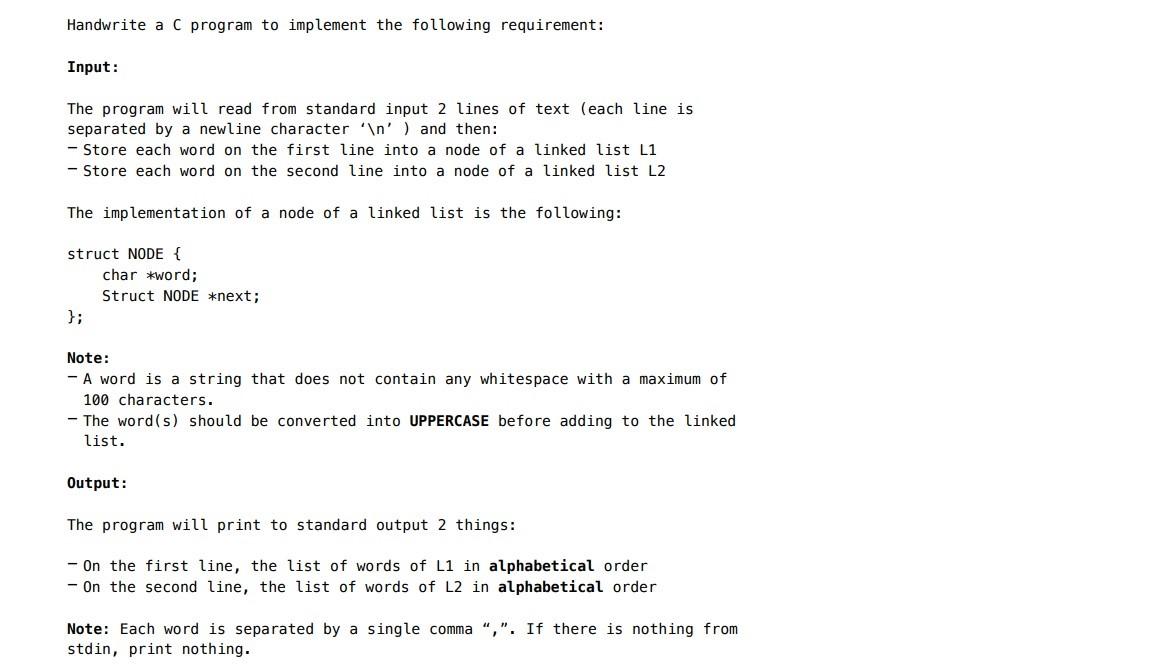 Solved Handwrite a C program to implement the following | Chegg.com