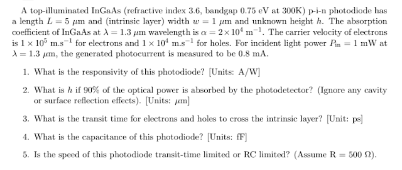 Solved A top-illuminated InGaAs (refractive index 3.6, | Chegg.com