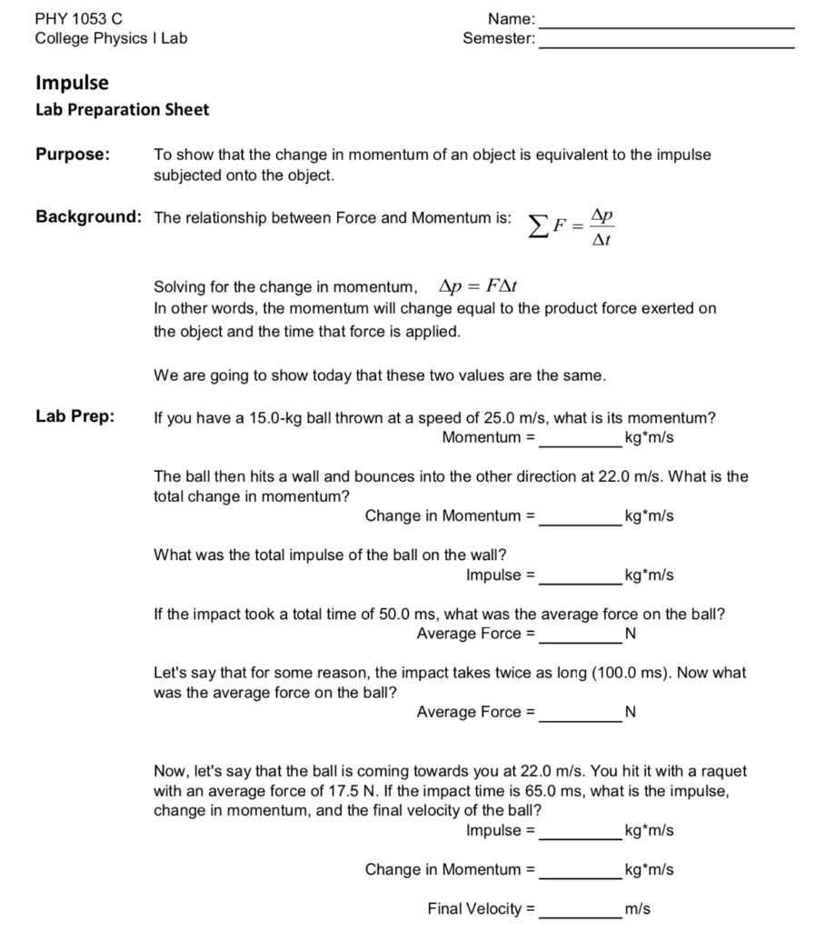 Solved PHY 1053 C Name: College Physics I Lab Semester: | Chegg.com