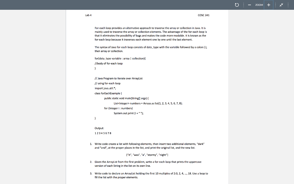 Solved ZOOM Lab 4 COSC 241 For-cach loop provides an | Chegg.com