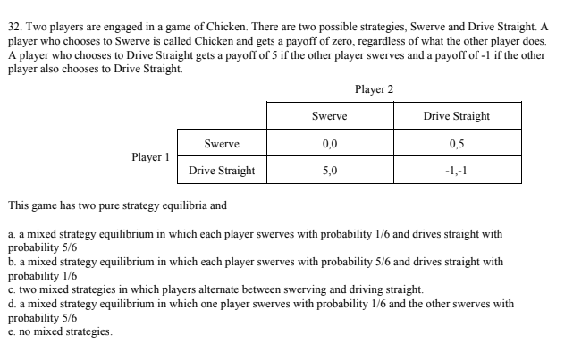 Solved 32. Two players are engaged in a game of Chicken. | Chegg.com