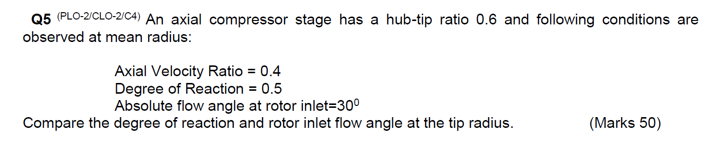 Solved Q5 (PLO-2/CLO-2/C4) An axial compressor stage has a | Chegg.com
