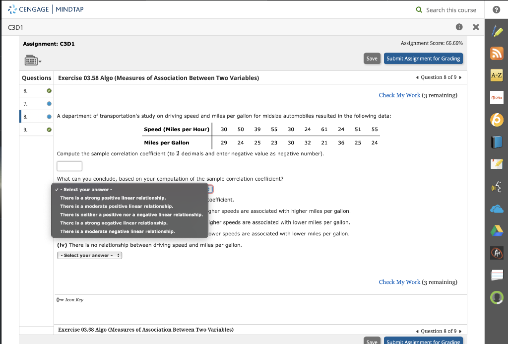 Solved Check My Work (3 remaining) Consider the following | Chegg.com