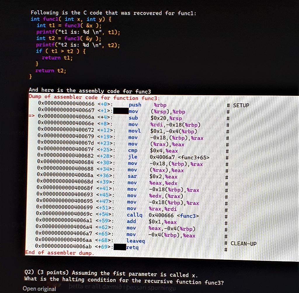 Solved Following Is The C Code That Was Recovered For Funci 