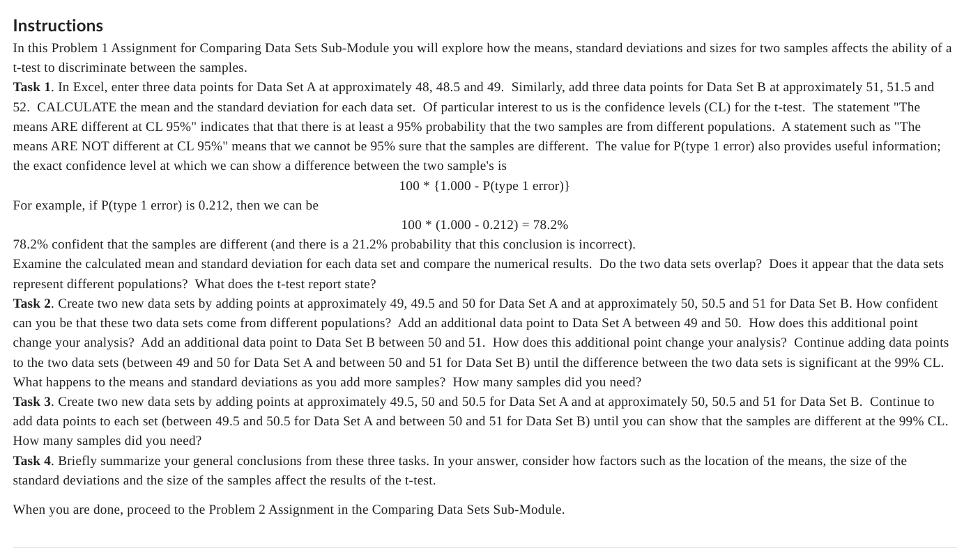 In this Problem 1 Assignment for Comparing Data Sets | Chegg.com