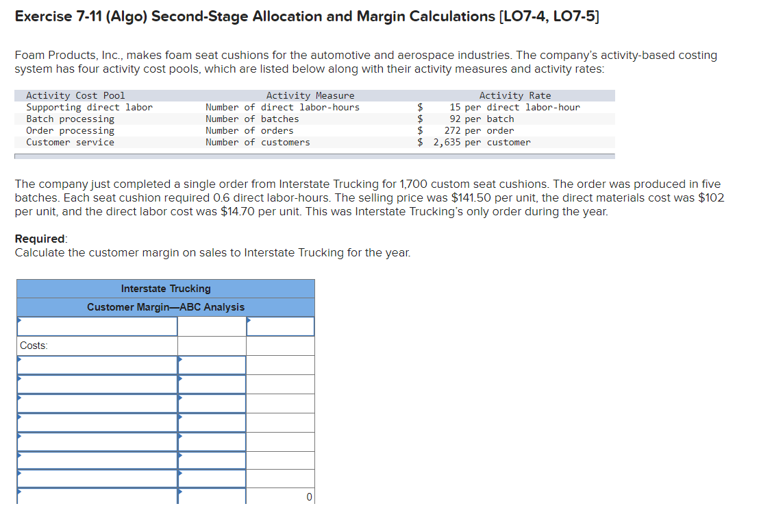 Solved Exercise 7-11 (Algo) Second-Stage Allocation and | Chegg.com