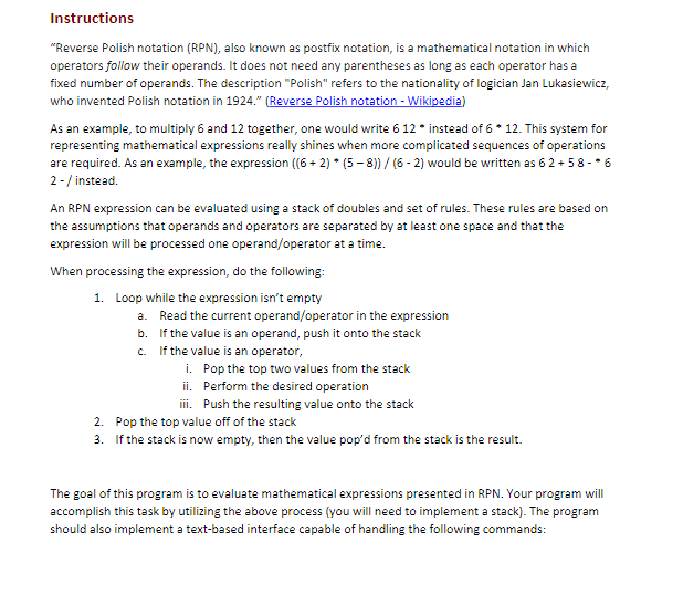 Instructions "Reverse Polish notation (RPN), also | Chegg.com