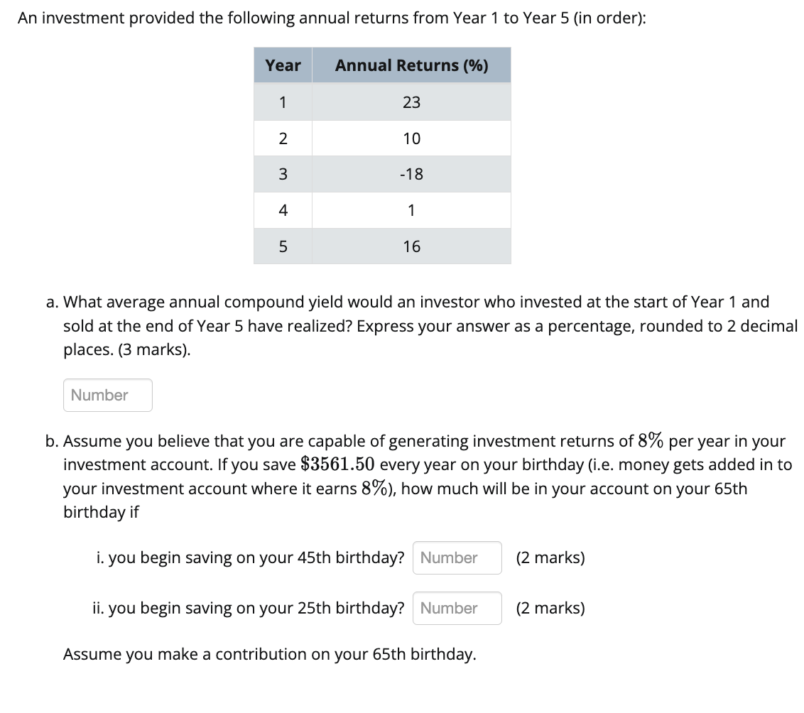 Solved An investment provided the following annual returns | Chegg.com