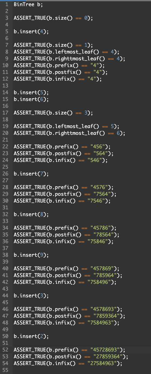 Solved 1 2 BinTree b; 3 4 ASSERT_TRUE (b.size(). 0); 5 6 | Chegg.com