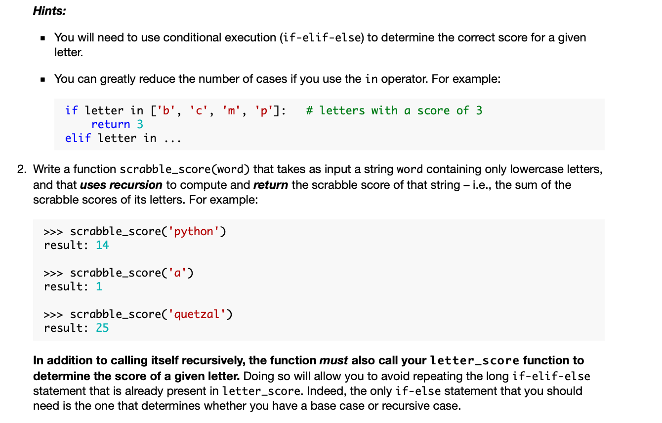 Solved 1. Write a function letter_score(letter that takes a | Chegg.com