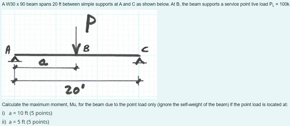 Solved A W30 x 90 beam spans 20 ft between simple supports | Chegg.com
