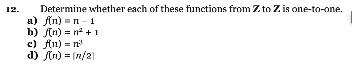 Solved 12. Determine whether each of these functions from Z | Chegg.com
