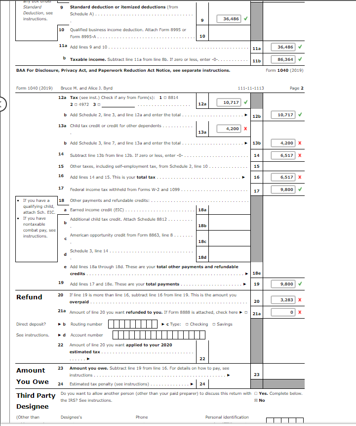 Solved I need help on the 1040 Tax form for the 2019 | Chegg.com