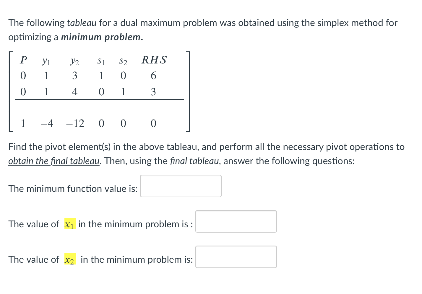 Solved The following intermediate tableau for a dual maximum | Chegg.com
