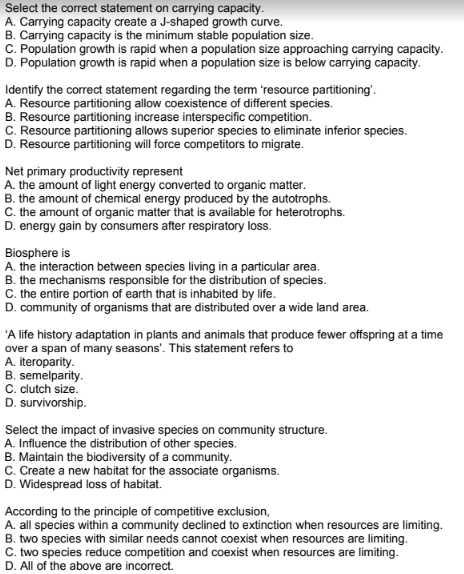 Solved Select the correct statement on carrying capacity. A. | Chegg.com