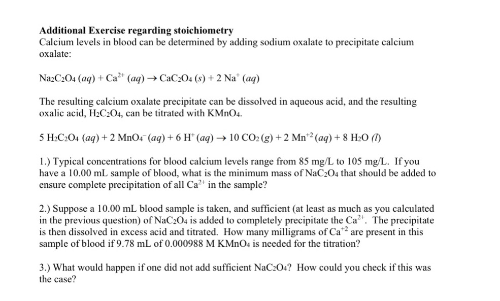 Solved Additional Exercise regarding stoichiometry Calcium | Chegg.com