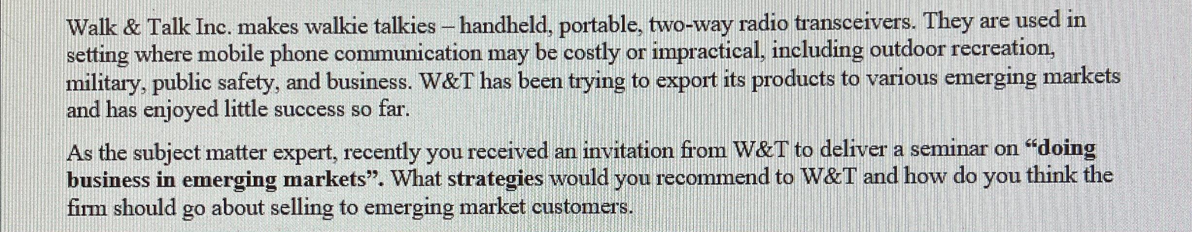 Solved Walk \& Talk Inc. makes walkie talkies - handheld, | Chegg.com