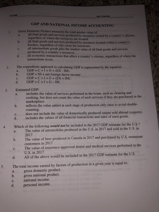 Solved NAME SECTION# GDP AND NATIONAL INCOME ACCOUNTING | Chegg.com
