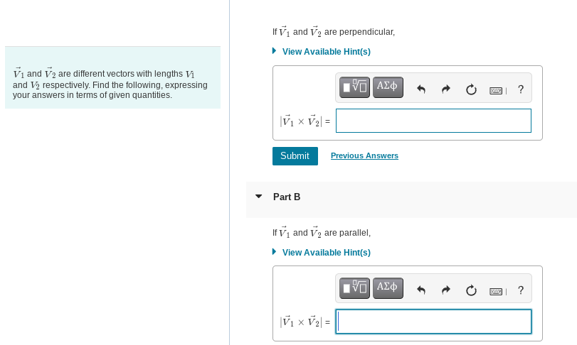 Solved If V1 and V2 are perpendicular, V1 and V2 are | Chegg.com