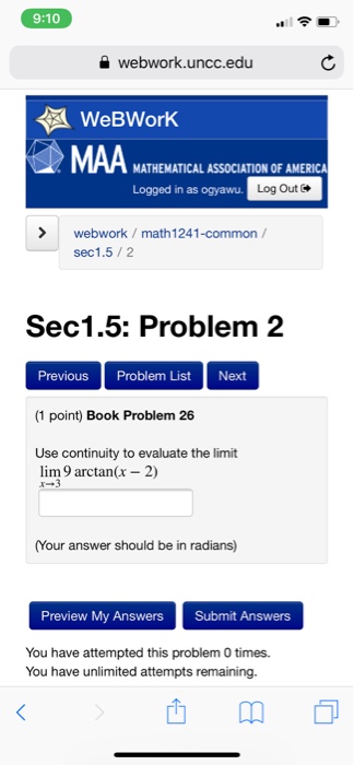 Solved 9:10 2 webwork.uncc.edu WeBWorK MAA MATHEMATICAL | Chegg.com