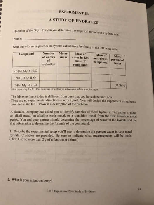 EXPERIMENT 2B A STUDY OF HYDRATES of the Day: How can | Chegg.com