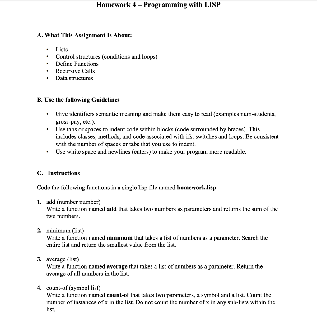 Homework 4 - Programming with LISP A. What This | Chegg.com