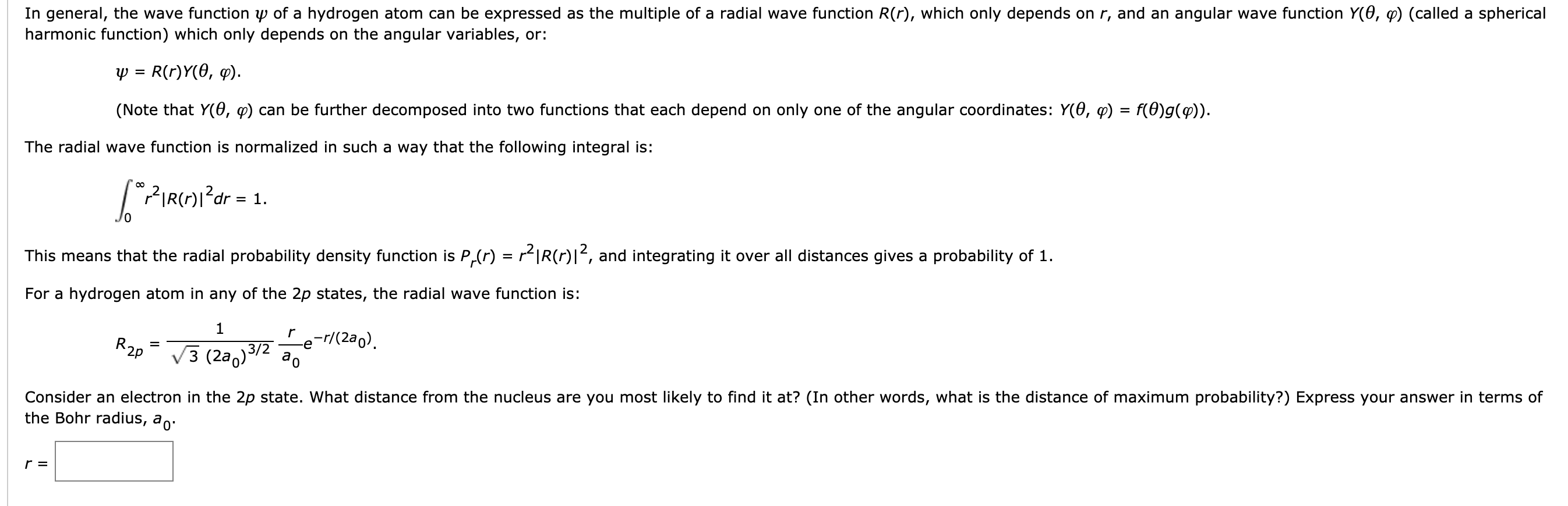 Solved In General The Wave Function Y Of A Hydrogen Atom
