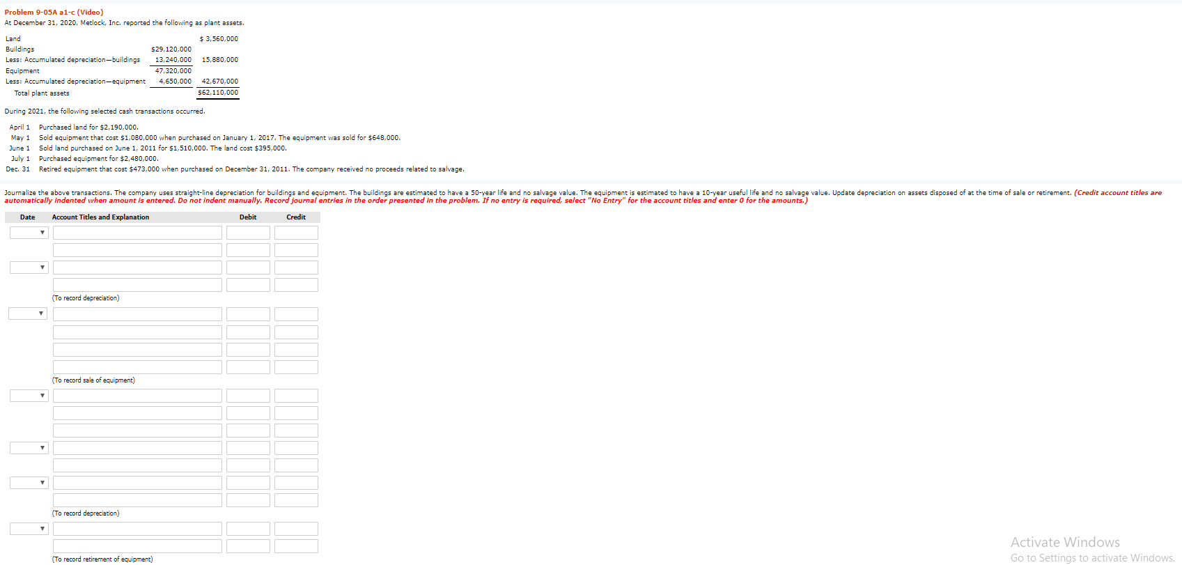 Solved Problem 9-05A al-c (Video) At December 31, 2020, | Chegg.com