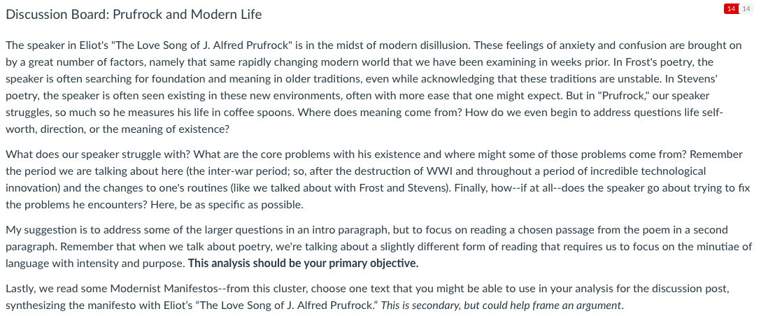 Solved | 14 | 14 Discussion Board: Prufrock and Modern Life | Chegg.com