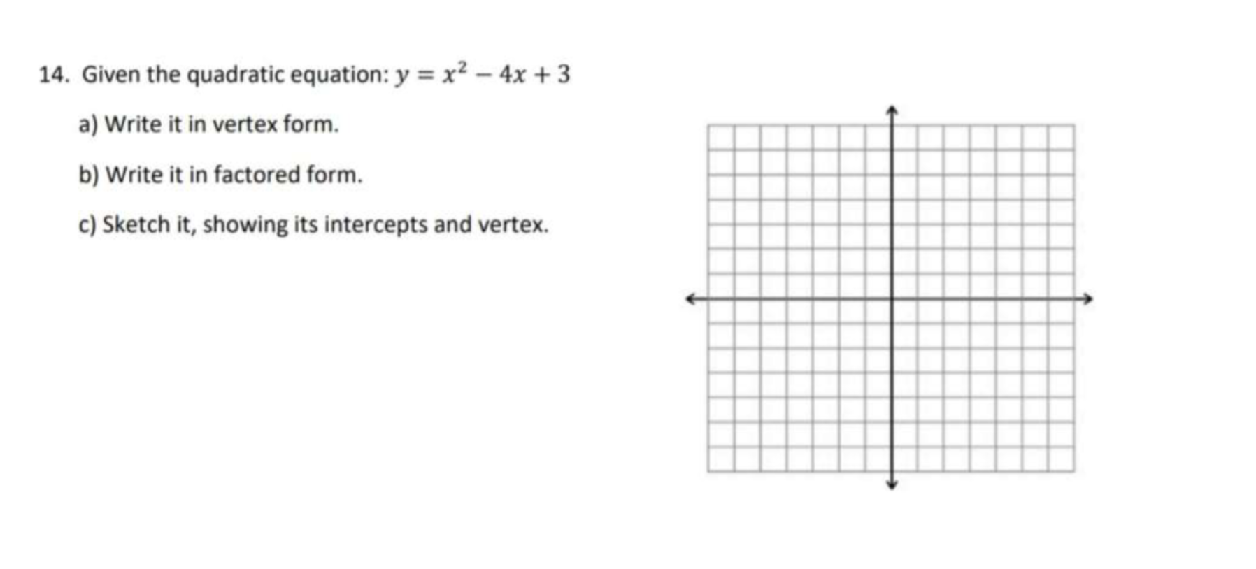 Solved 14. Given the quadratic equation: y=x2−4x+3 a) Write | Chegg.com