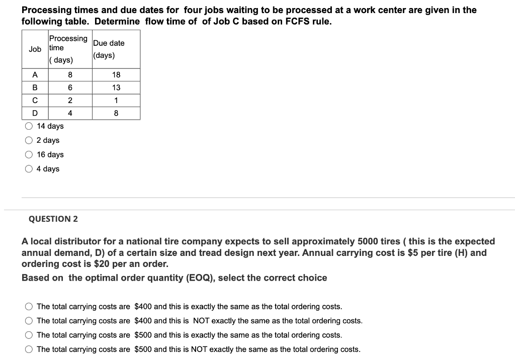 Solved Processing times and due dates for four jobs waiting | Chegg.com