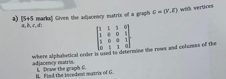 Solved a) [5+5 marks] Given the adjacency matrix of a graph | Chegg.com